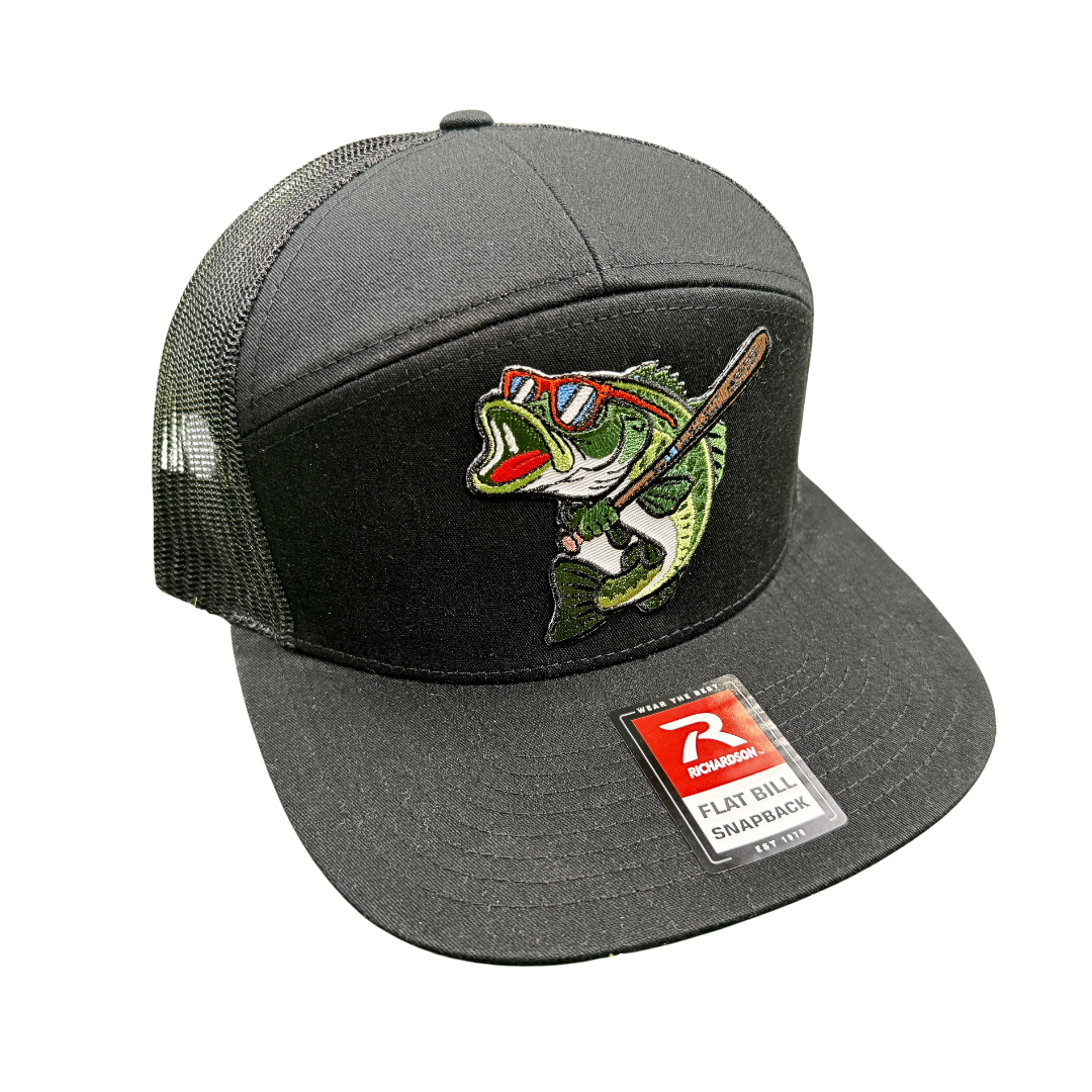 BatWrapz "Baseball Bass" 7 Panel Flat Bill Snap Back Hat - Black